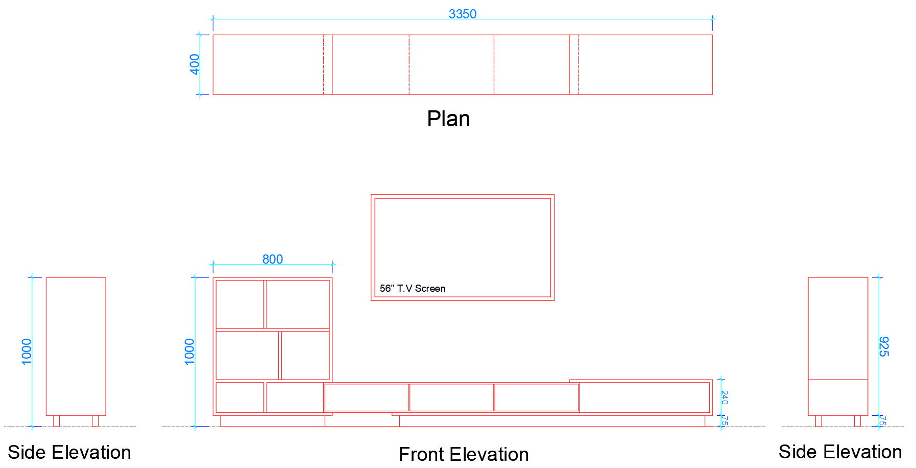TV Cabinet Dimensions in mm (Free Dwg) - Layak Architect