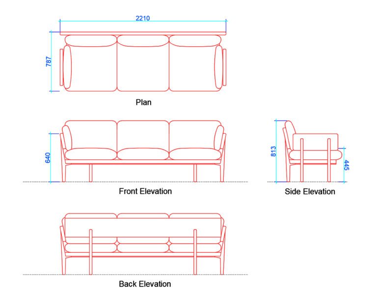 Three Seater Sofa (Dimensions & Free Dwg.) - Layak Architect