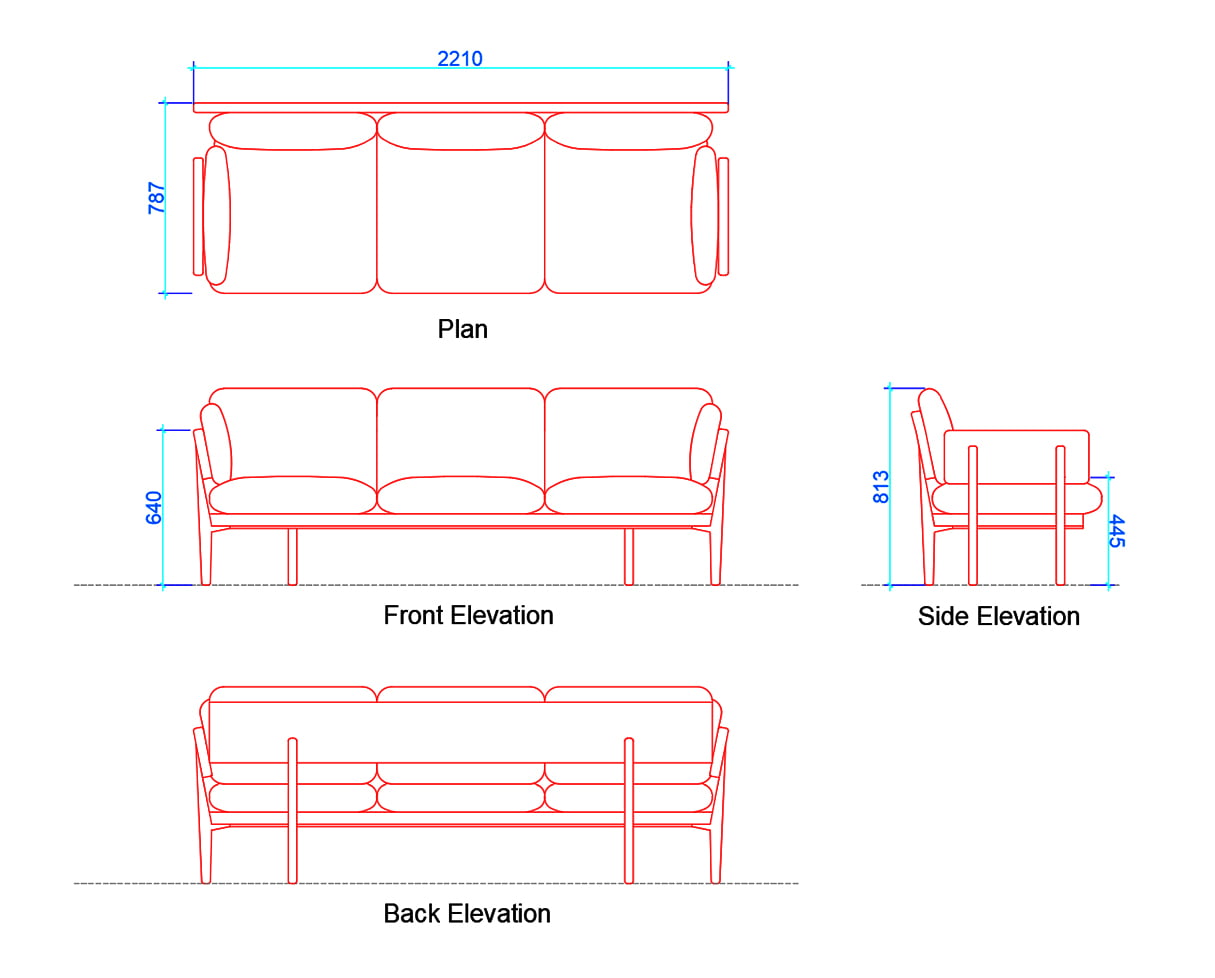 Three Seater Sofa (Dimensions & Free Dwg.) - Layak Architect